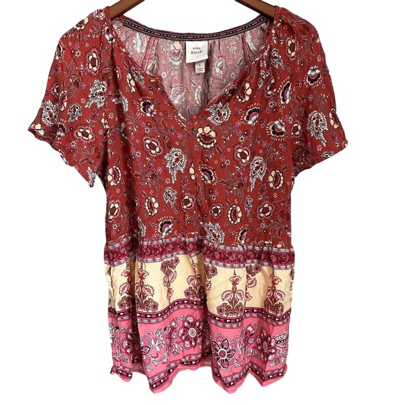 Knox Rose | Tops | Knox Rose Boho Top Pink Floral Prairie Vneck Short ...